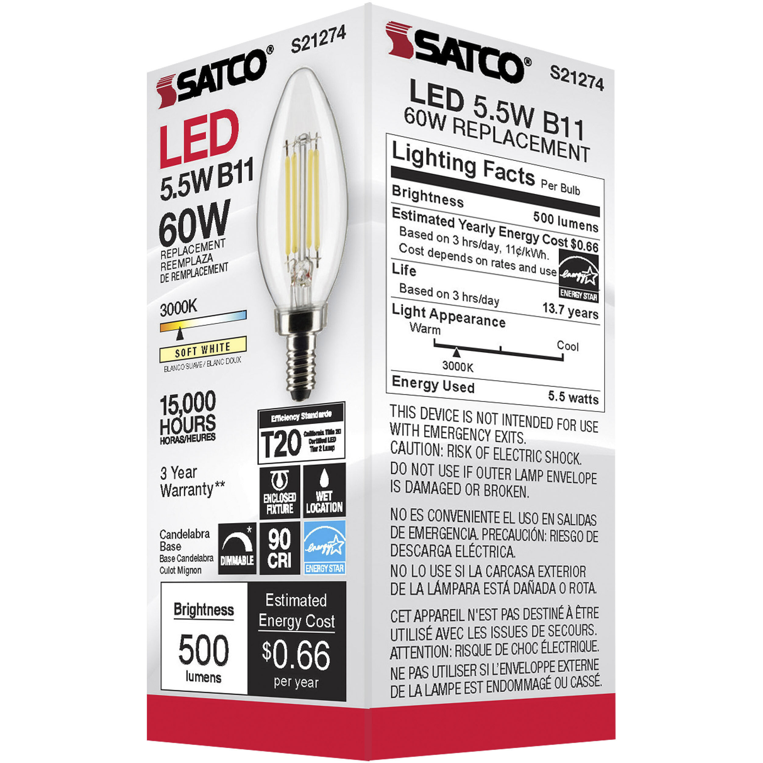 Satco S21274 Lumos LED Candelabra Candelabra 5.50 watt 3000K LED Filament